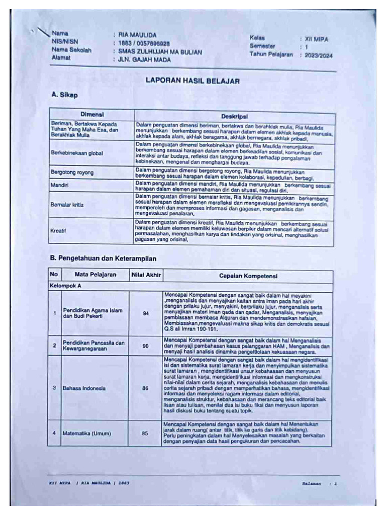 Nilai Kelas XII Semester 1 - Compressed | PDF