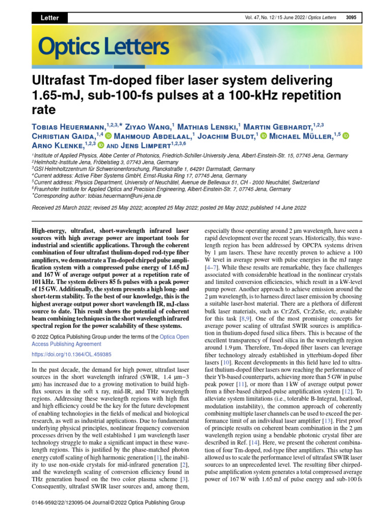 2022 - Limpert - TM - Fiber Laser 167W at 100kHz | PDF | Laser ...