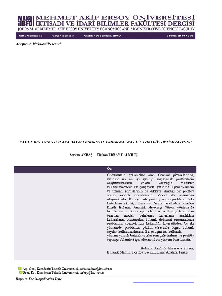 Portfolio Optimization With Linear Programming Based On Trapezoidal Fuzzy Numbers | PDF