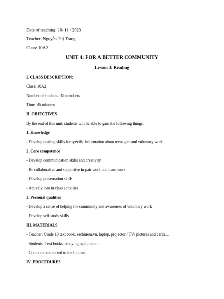 Lesson Plan Unit 4 - Reading | PDF | Word | Question