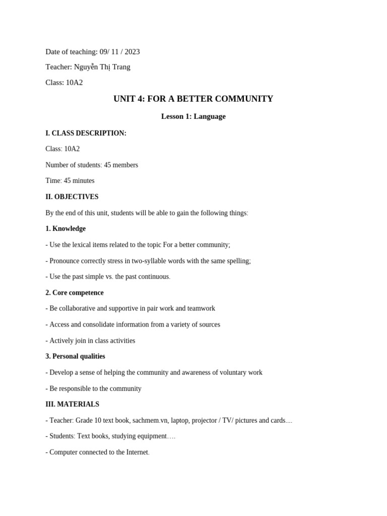 Lesson Plan Unit 4 - Language | PDF | Stress (Linguistics) | Word