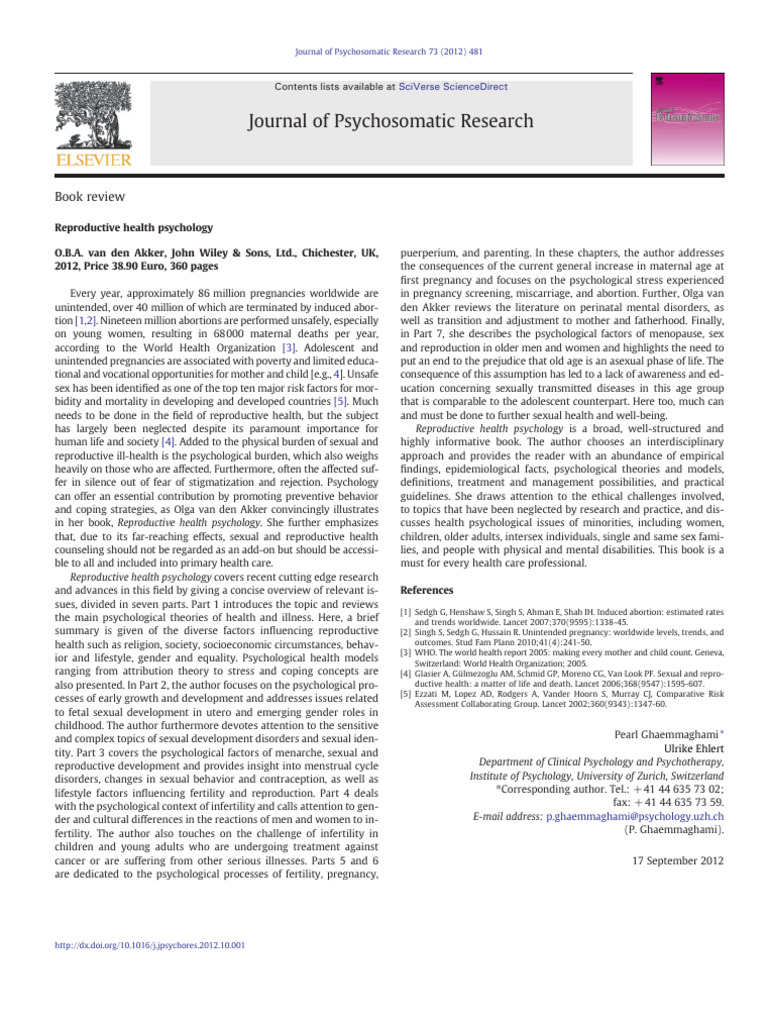 Journal of Psychosomatic Research Book Review Reproductive Health ...