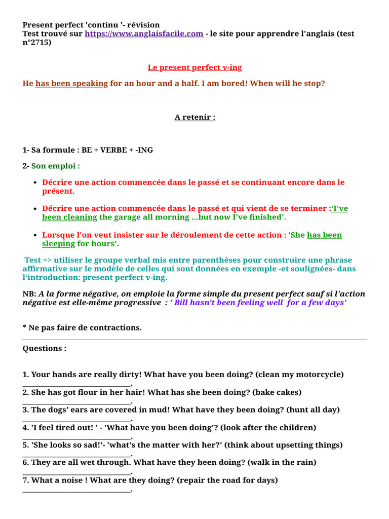 Present Perfect 'Continu ' - Révision | PDF | Language Mechanics | Grammar