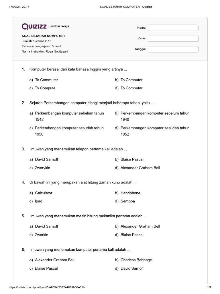 Soal Sejarah Komputer - Quizizz | PDF