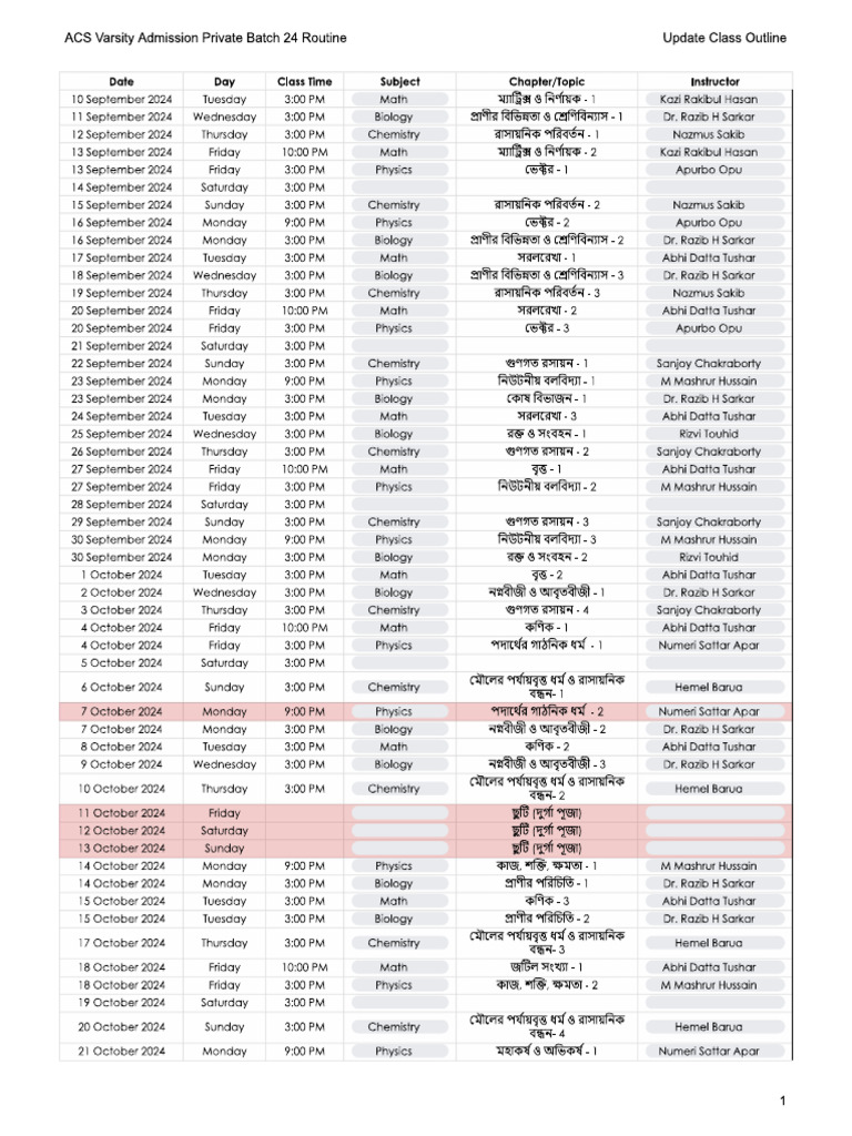ACS Varsity Admission Private Batch 24 Rutine | PDF