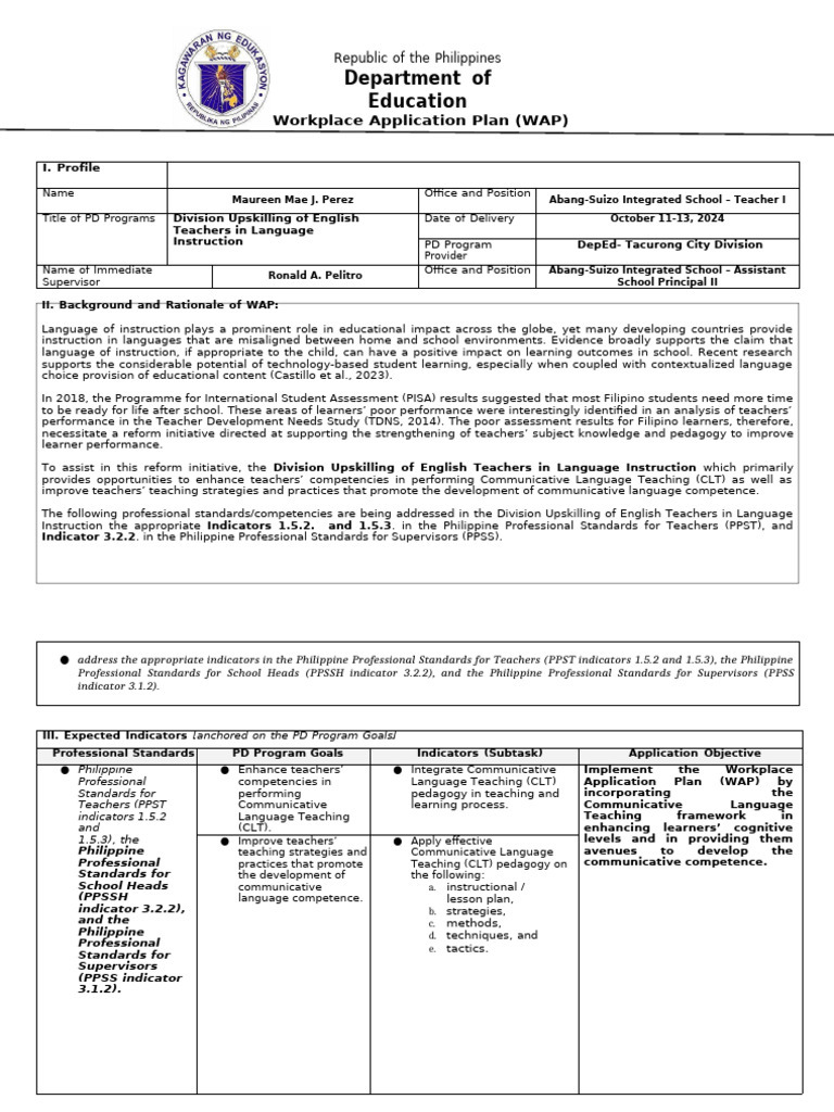 Work Application Plan WAP | PDF | Learning | Teachers