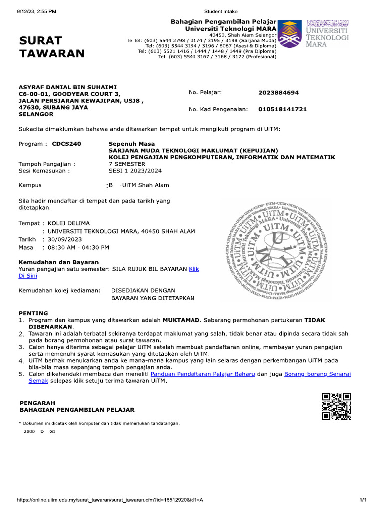Surat Tawaran Uitm | PDF