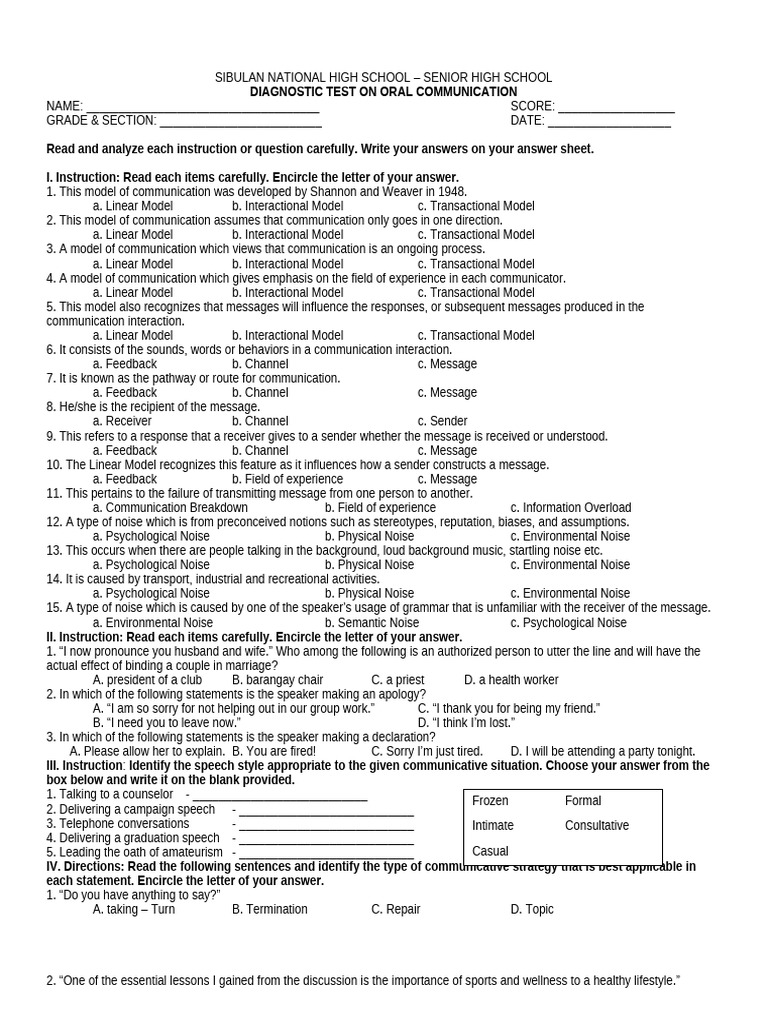 Oral Comm Diagnostic Test 2022-2023 M1-10.2 | PDF | Communication ...
