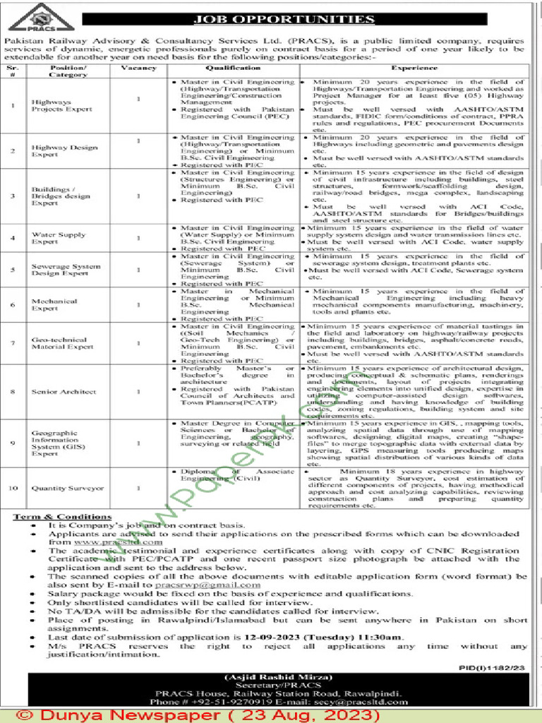 Pakistan Railway Advisory & Consultancy Services Rawalpindi Jobs For ...