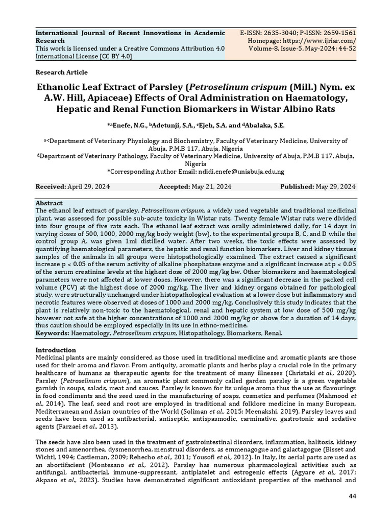 Ethanolic Leaf Extract of Parsley (Petroselinum Crispum (Mill.) Nym. Ex A.W. Hill, Apiaceae ...