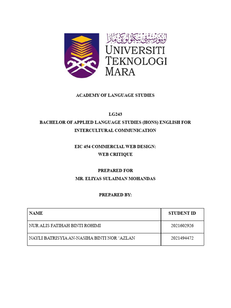 EIC 454 COMMERCIAL WEB DESIGN Web Critique | PDF | Educational ...