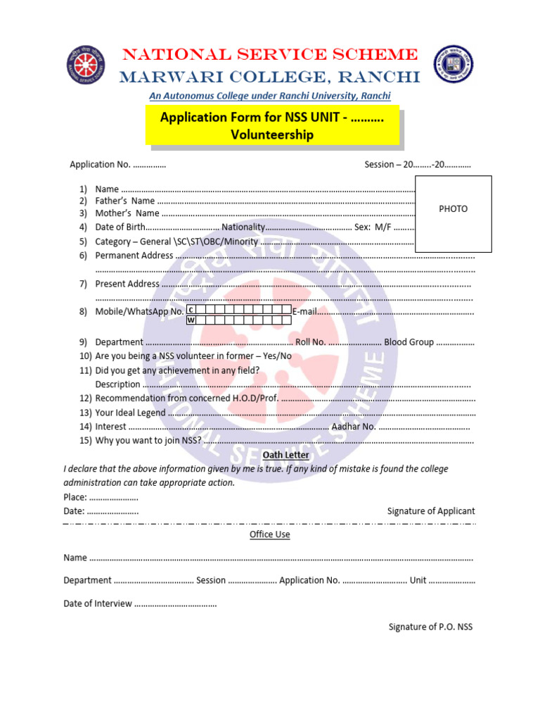 NATIONAL SERVICE SCHEME Application Form | PDF