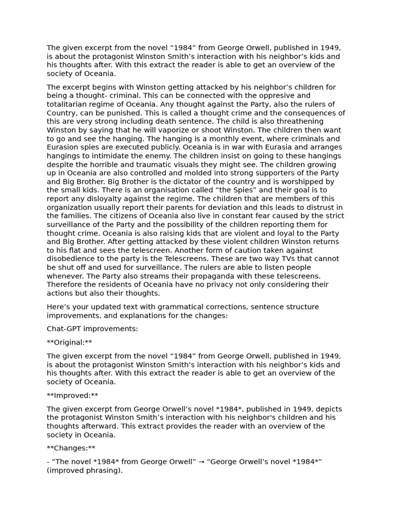 Summary 1984 Excerpt Analyse | PDF | Politics