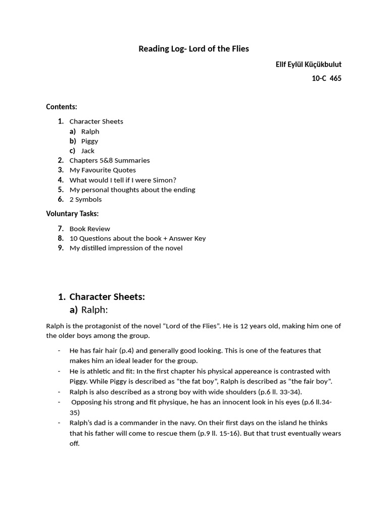 Reading Log Lord of The Flies | PDF