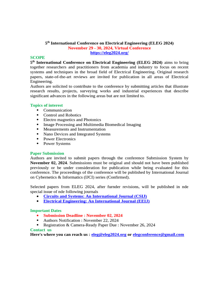 5th International Conference On Electrical Engineering (ELEG 2024) | PDF