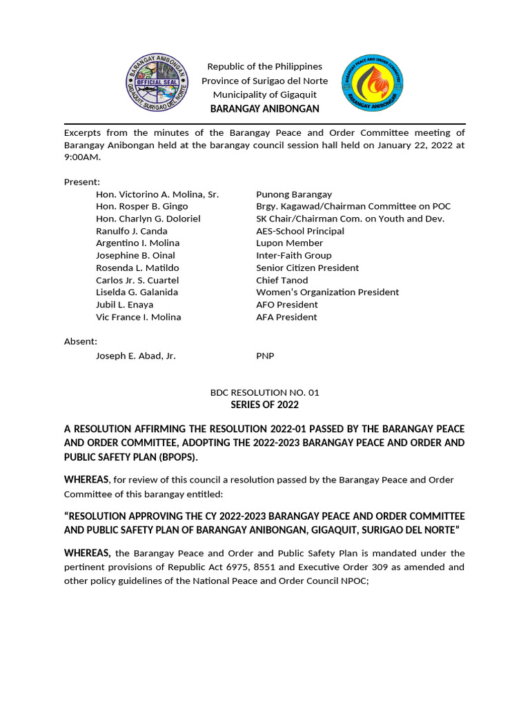 2.BDC Reso Adopting BPOPS Plan | PDF | Government