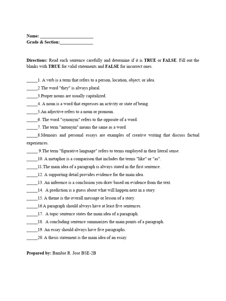 True or False Questions - 2 | PDF