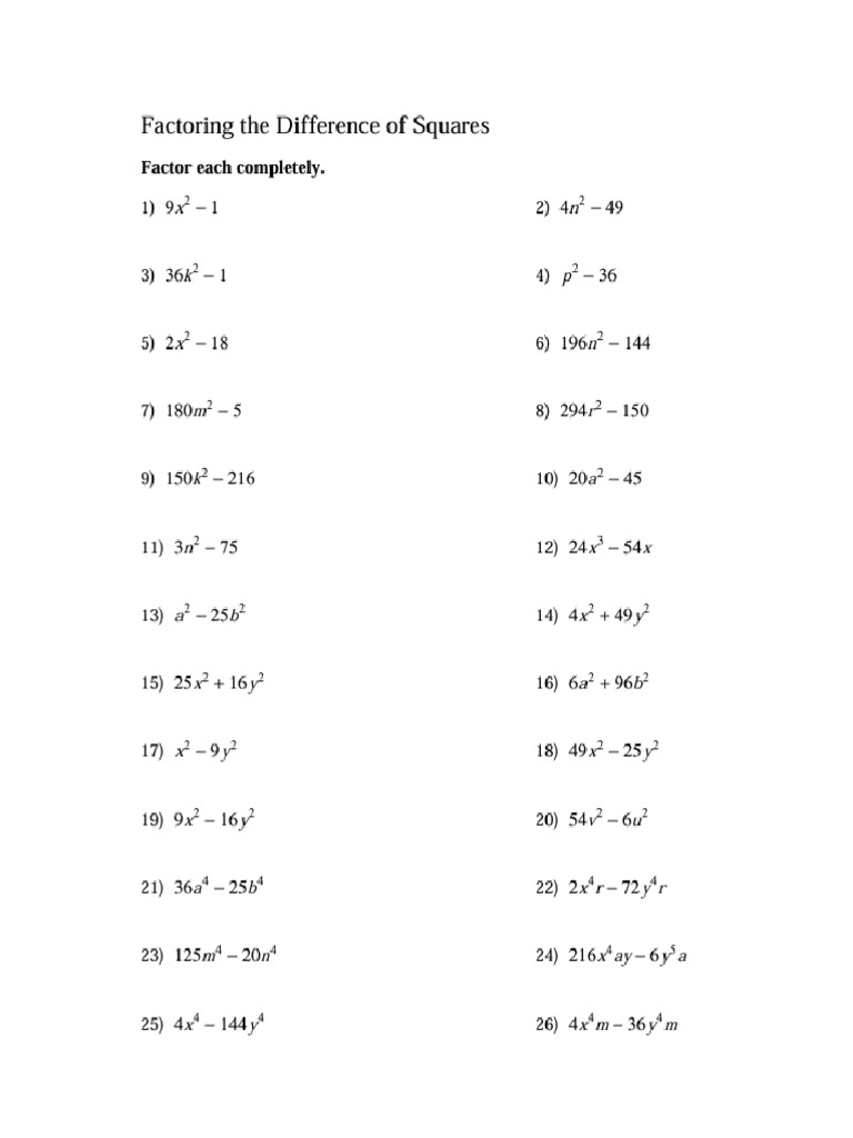 Worksheet Diffrence of Two Squares | PDF