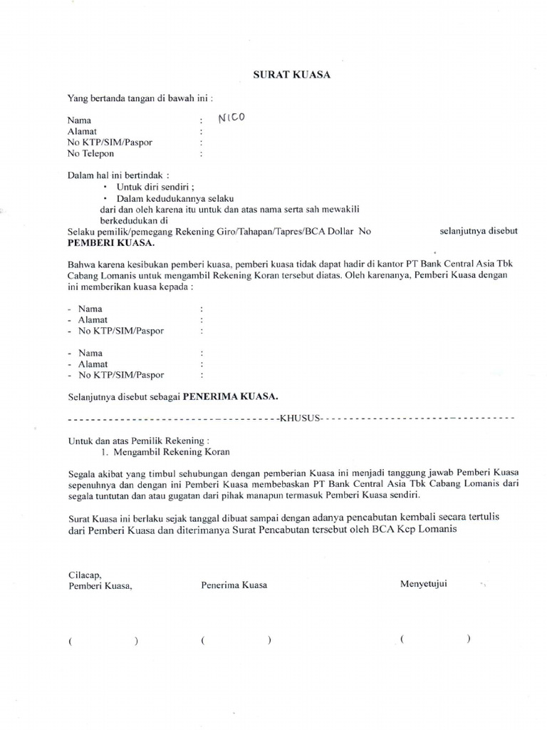 Surat Kuasa Rek. Koran Bca | PDF