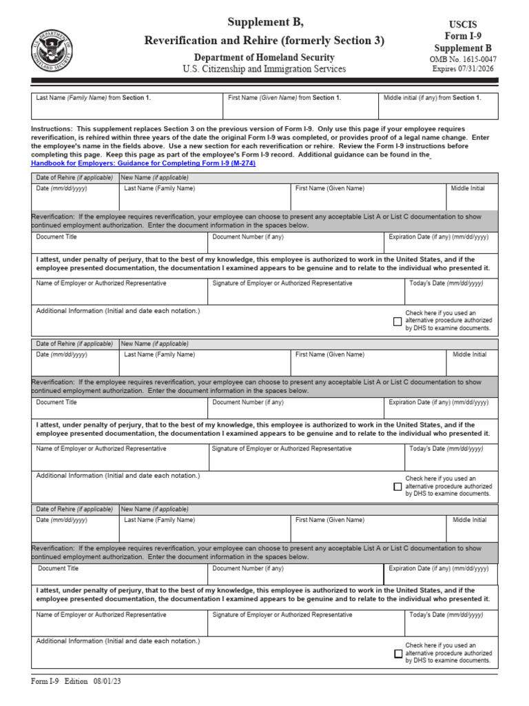 Form I-9 Supplement B: Reverification Guide | PDF | United States Civil ...