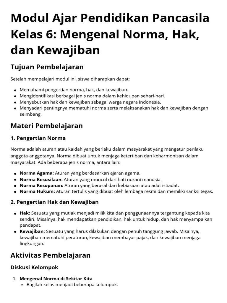 Modul Ajar Pendidikan Pancasila Kelas 6 Mengenal Norma, Hak, Dan Kewajiban | PDF
