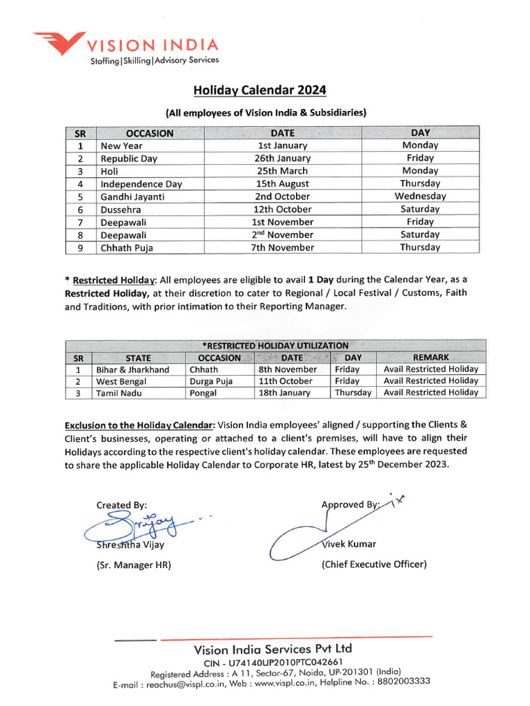 Holiday Calendar | PDF