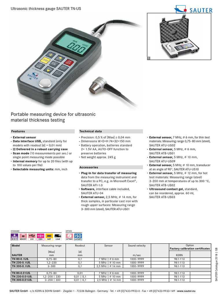 Ultrasonic Thickness Gauge SAUTER TN-US | PDF | Calibration | Ultrasound