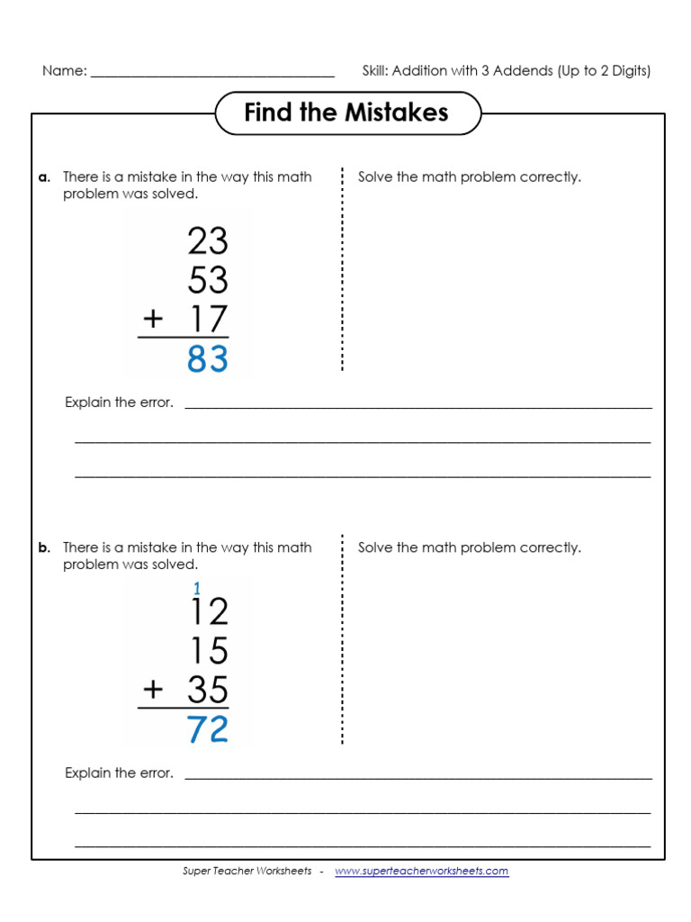 2 Digit Multiple Addends Find The Mistakes - 2DIG2 | PDF
