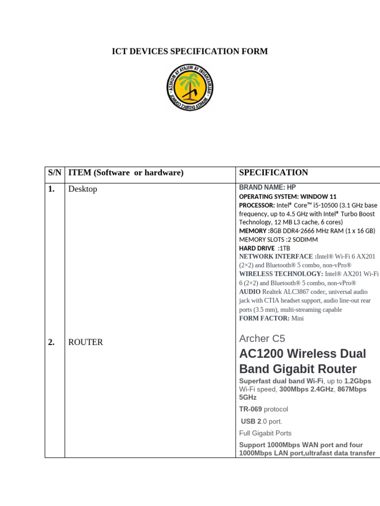 Ict Devices Specification Form | PDF