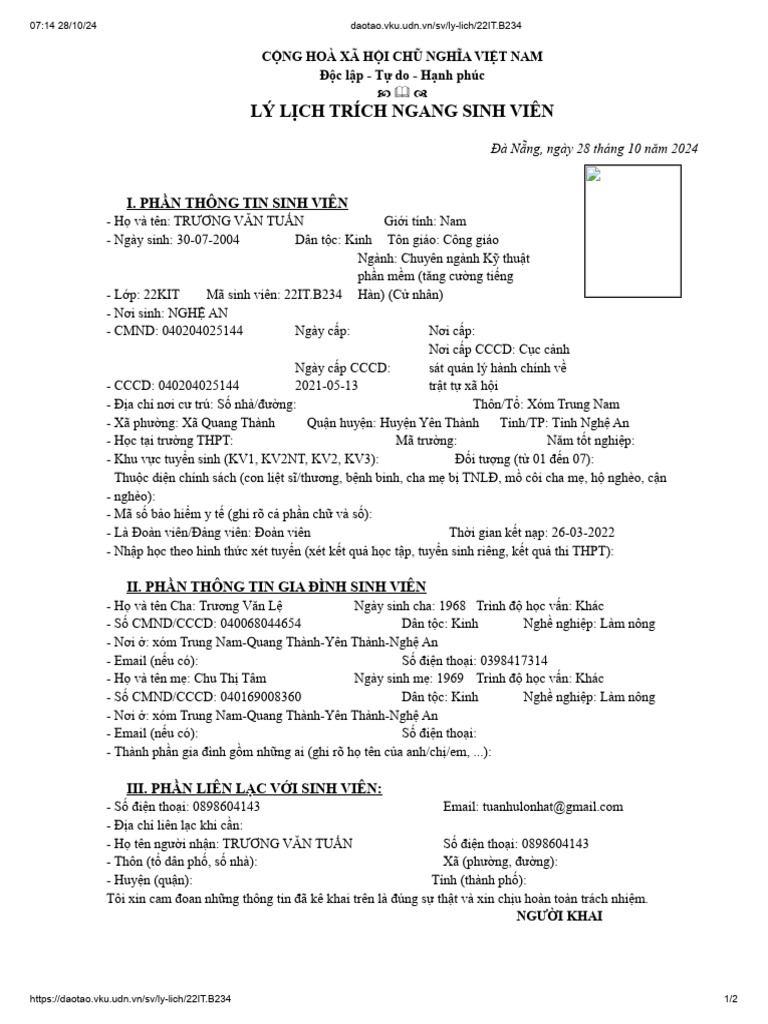 Daotao - Vku.udn - VN SV Ly-Lich 22IT.B234 | PDF
