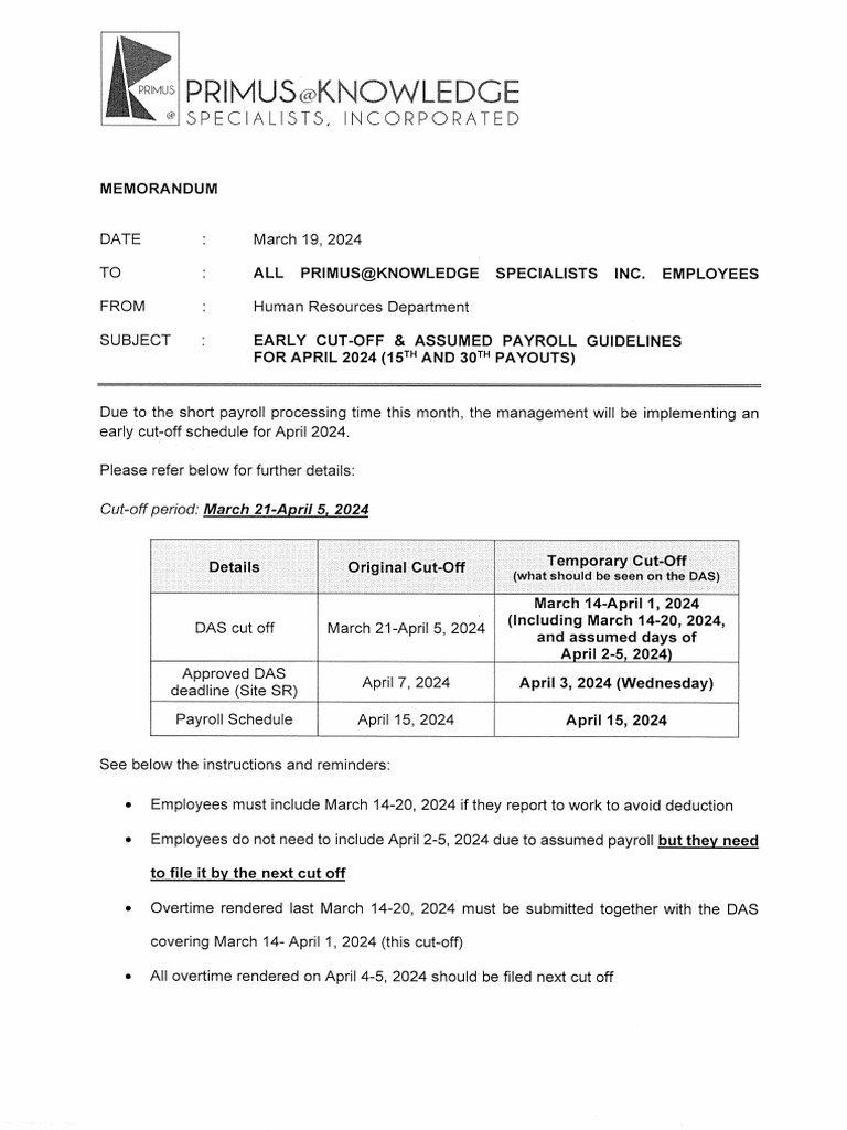 PKS - Early Cut-Off - Memo 15TH and 30TH - FH | PDF