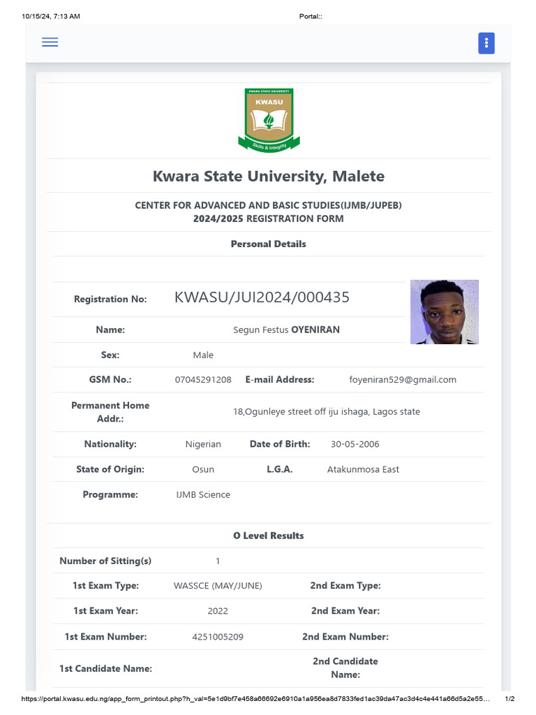 Segun Festus OYENIRAN KWASU FORM | PDF | Qualifications | Student ...