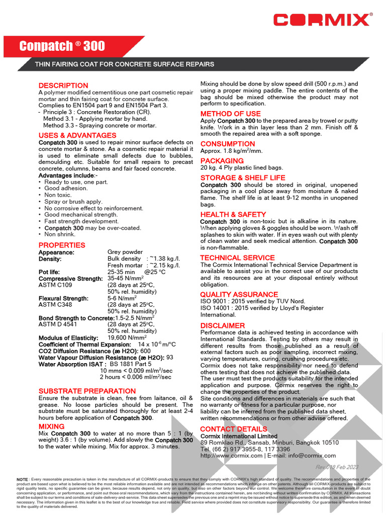 TDS-EN-Conpatch 300 - Rev 019-Feb 23 | PDF | Concrete | Materials