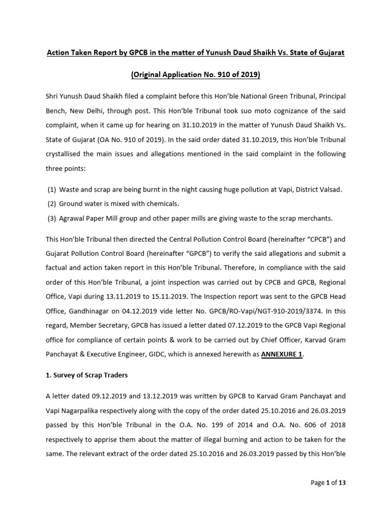 Action Taken Report by GPCB in OA No. 910 of 2019 (Yunush Daud Shaikh ...