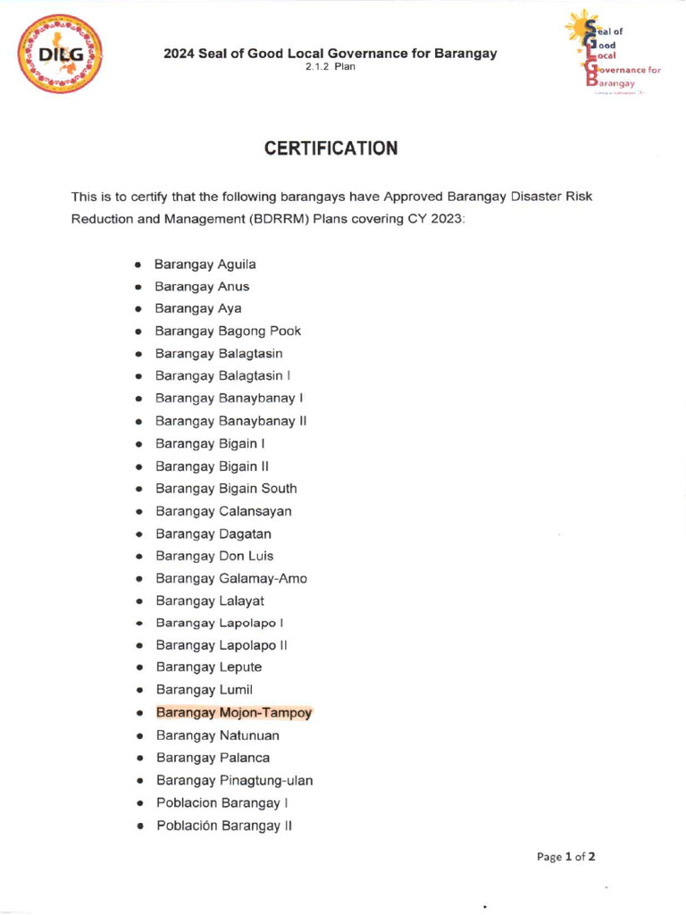 Certification On The List of Barangays With Approved BDRRM Plan ...