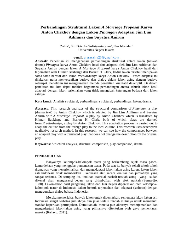 Perbandingan Struktural Lakon A Marriage Proposal Karya Anton Chekhov Dengan Lakon Pinangan ...