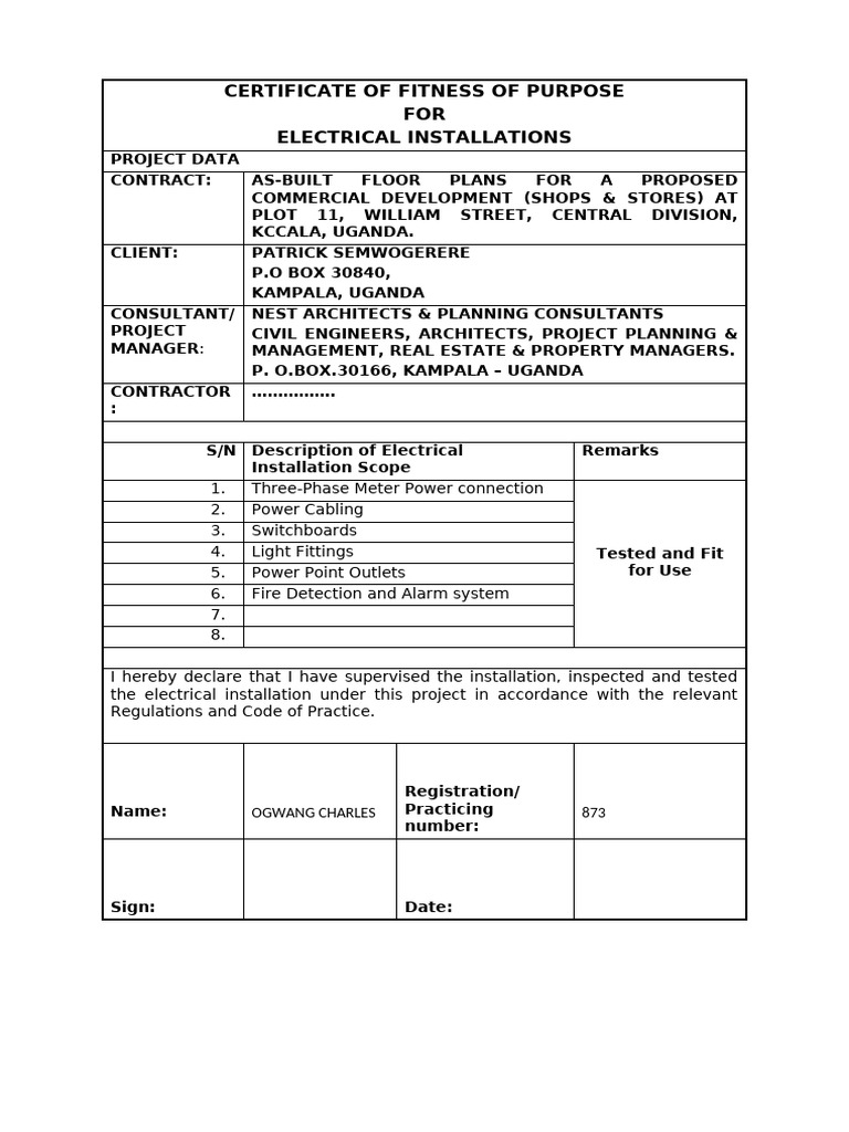 Certificate of Fitness of Purpose For Electrical Installations - MOWE 25.03.2021 | PDF ...