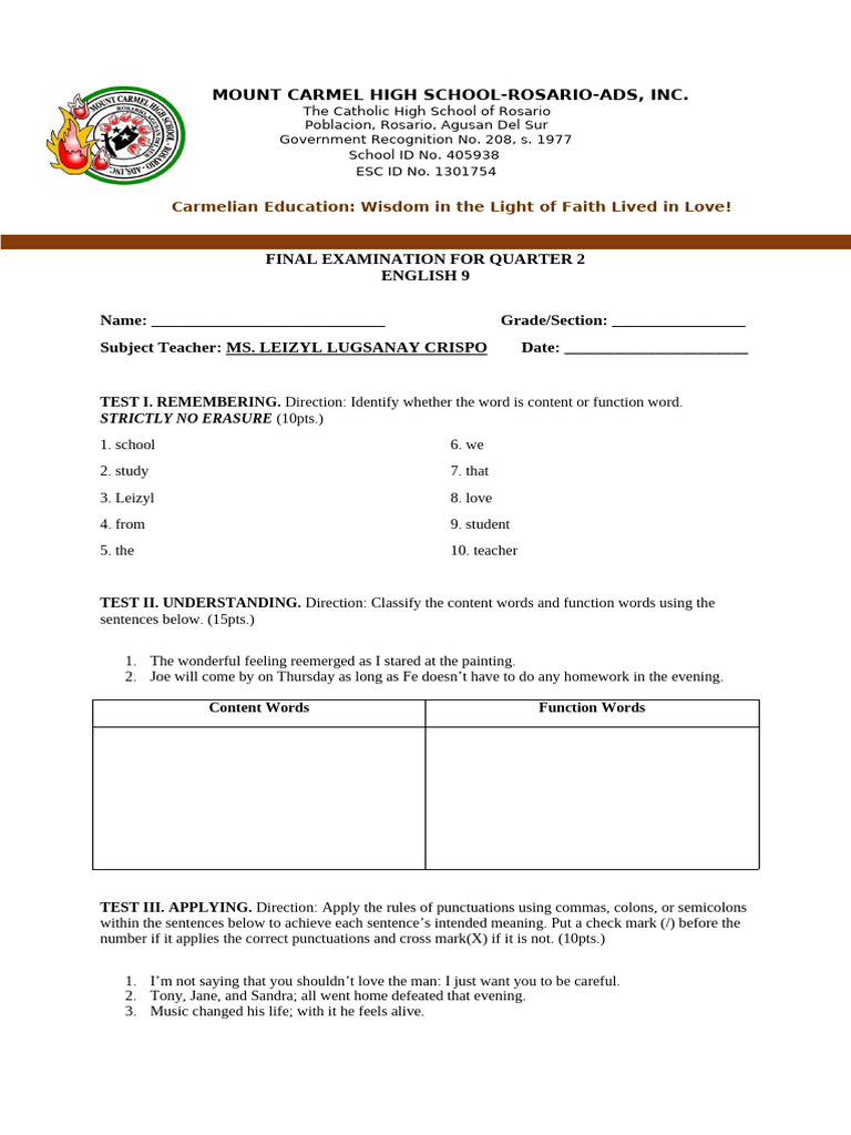 ENGLISH 9 TQ 2nd Quarter | PDF