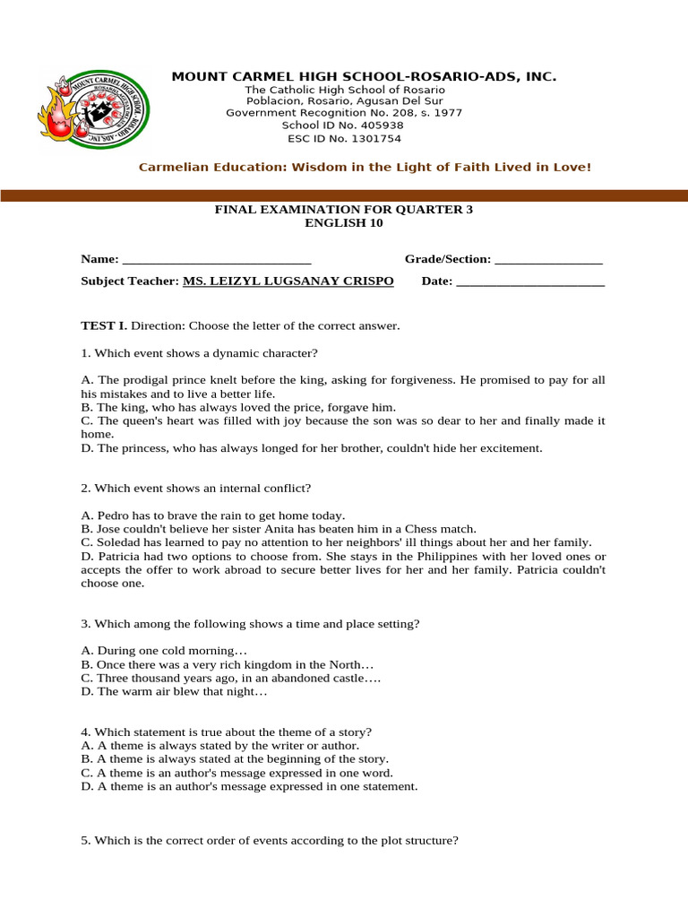 English 10 Final Exam - Mount Carmel High | PDF | Sleep