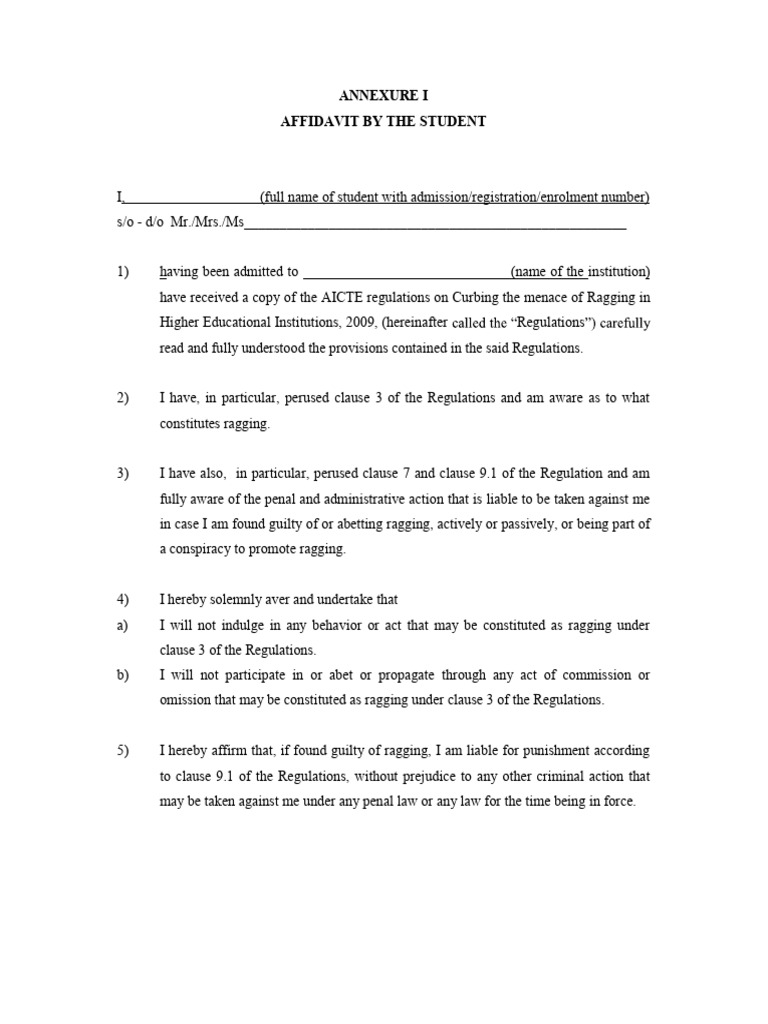 Antiragging Affidavit Format | PDF | Affidavit | Justice