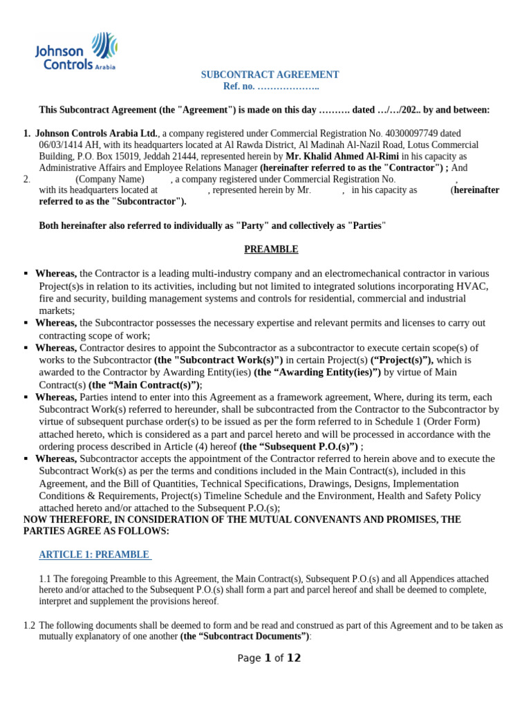 Subcontract Agreement - Framework English Version | PDF | Liquidated ...