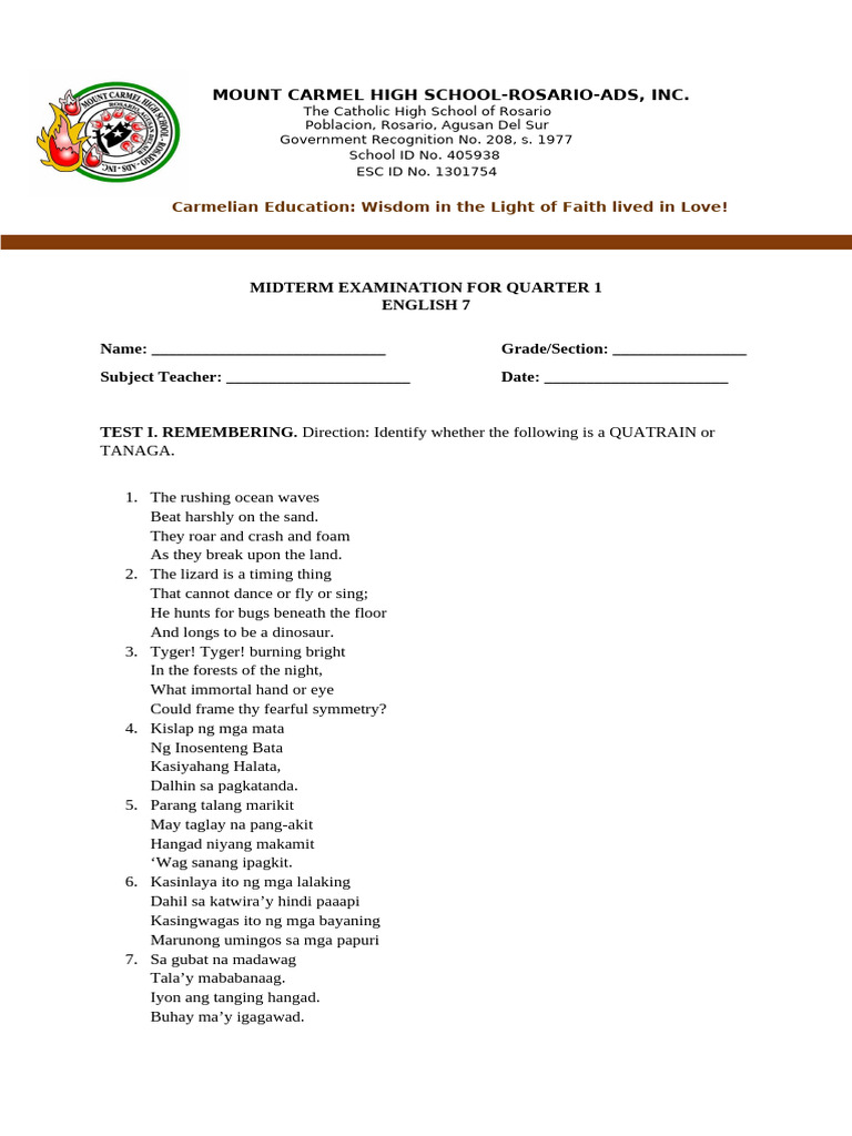 Midterm English 7 | PDF | Language Arts & Discipline