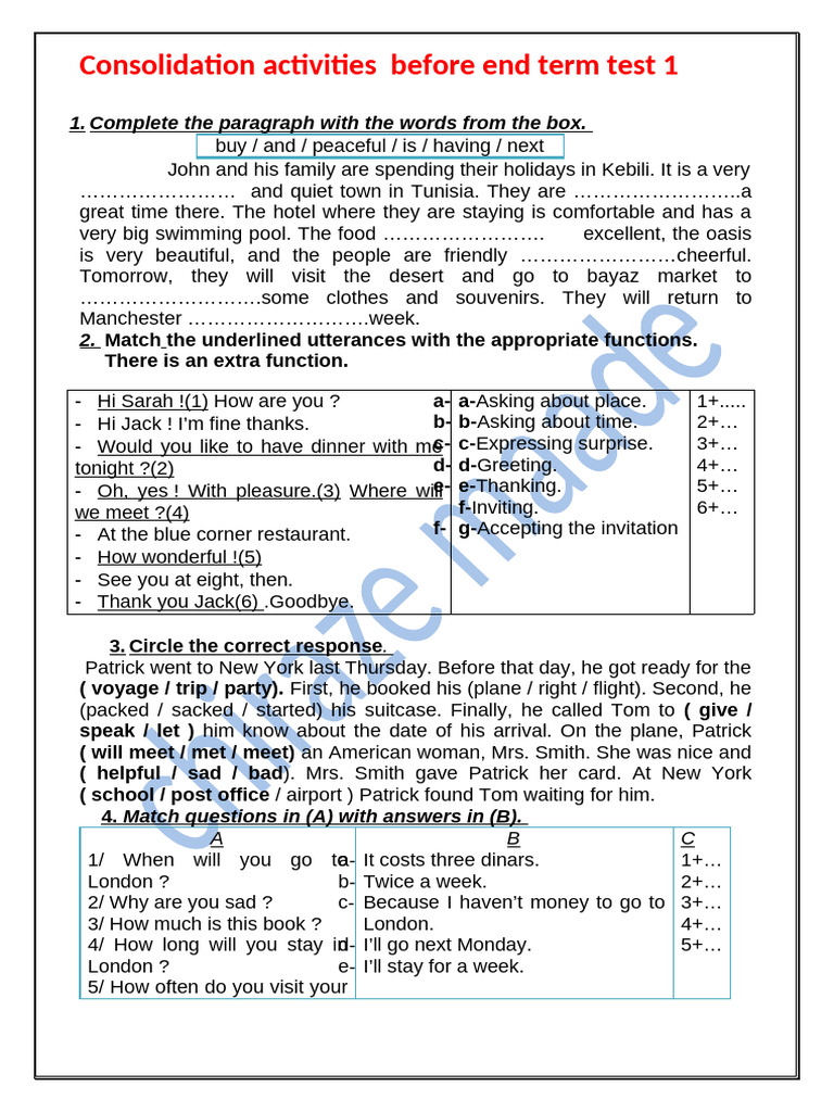 Consolidation Activities Before End Term Test 1: 1. Complete The ...