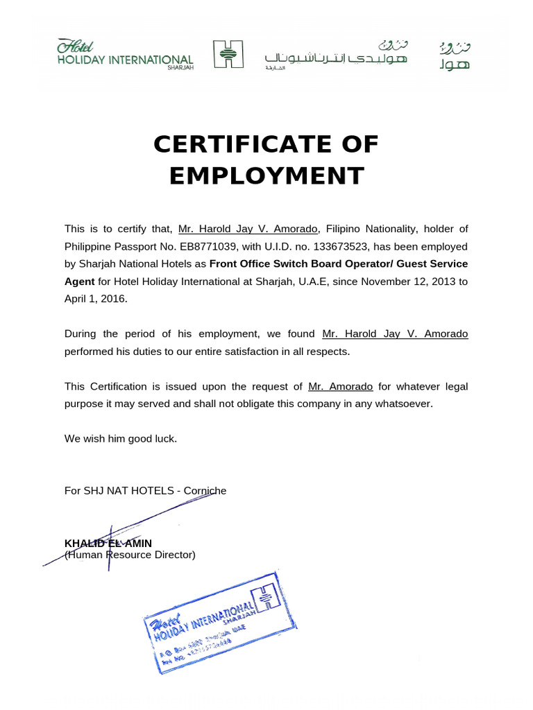 COE of Hotel Holiday | PDF