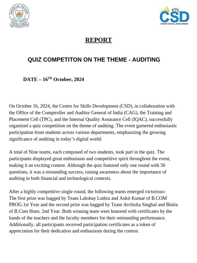 Auditing Quiz Competition Report 2024 | PDF | Business