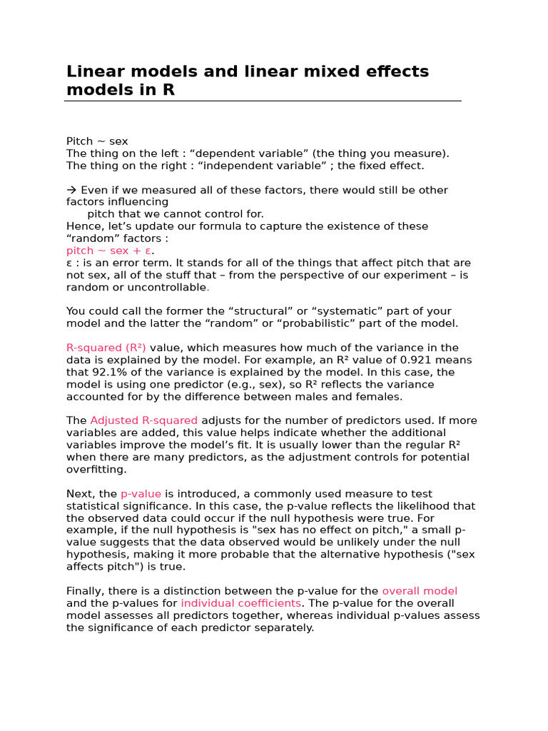 Linear Models and Linear Mixed Effects Models in R | PDF | P Value | Dependent And Independent ...