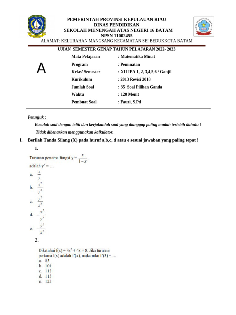 Soal Pas-2022-2023 MTK MNT KLS Xii | PDF