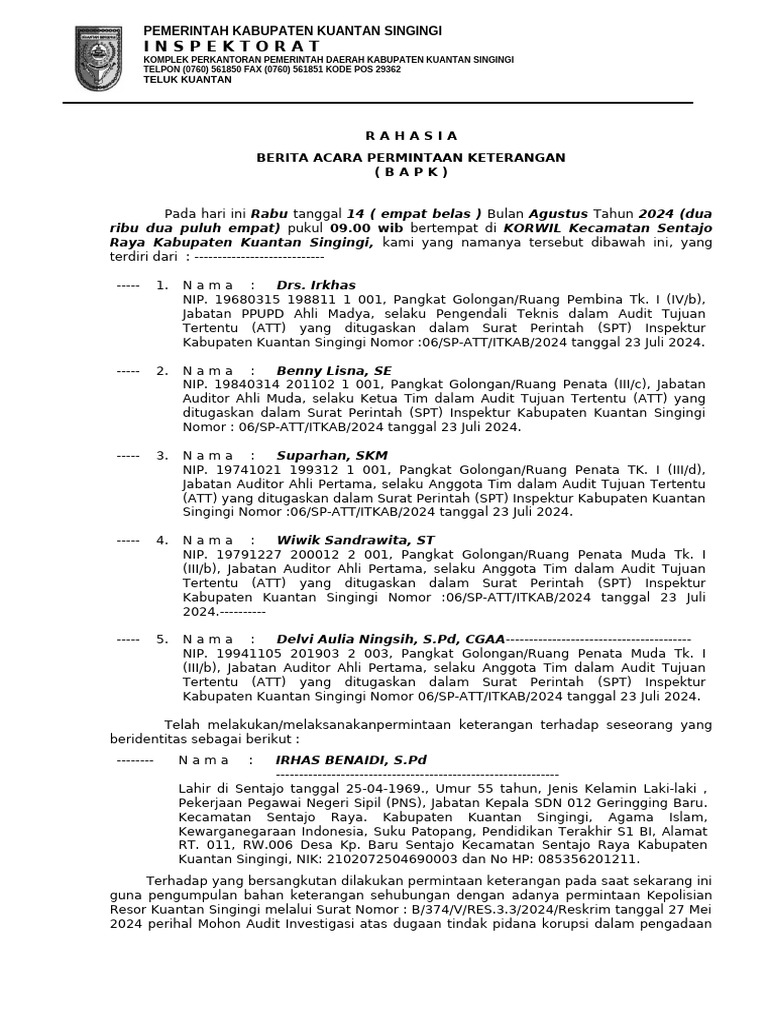 Bapk Kepala Sekolah SD 012 Geringging Baru Pak Irhas | PDF