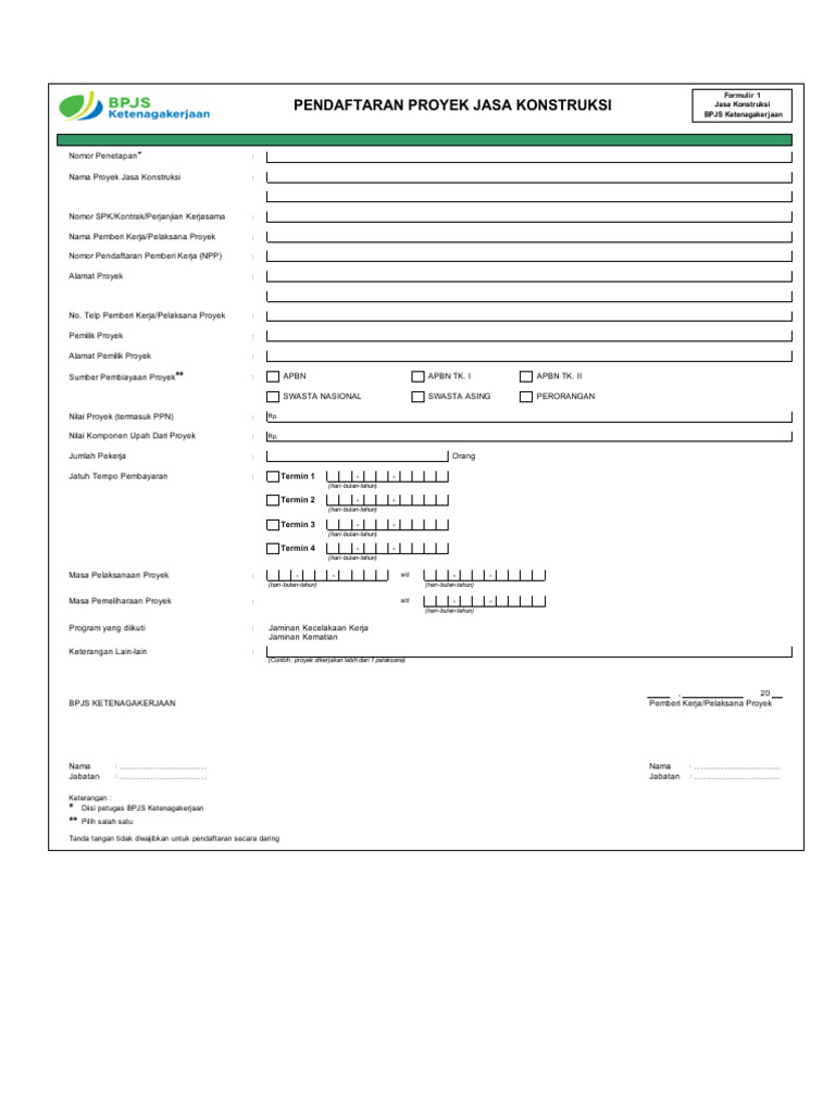 Pendaftaran Proyek Jasa Konstruksi BPJS | PDF