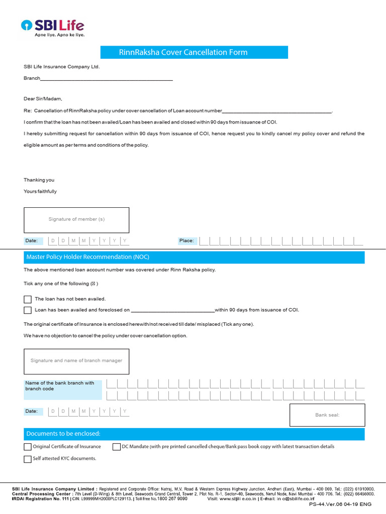 RiNn Raksha FLC Cover Cancellation Form English | PDF | Finance & Money Management | Law